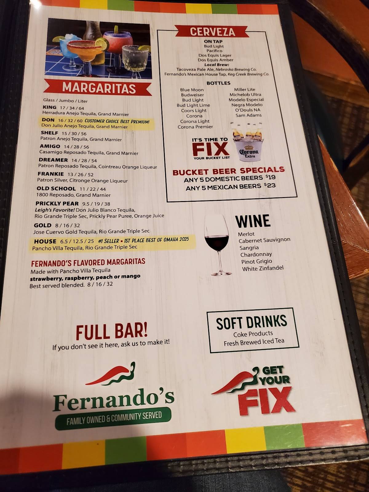 Menu at Fernando's Omaha restaurant, Omaha, Pacific St