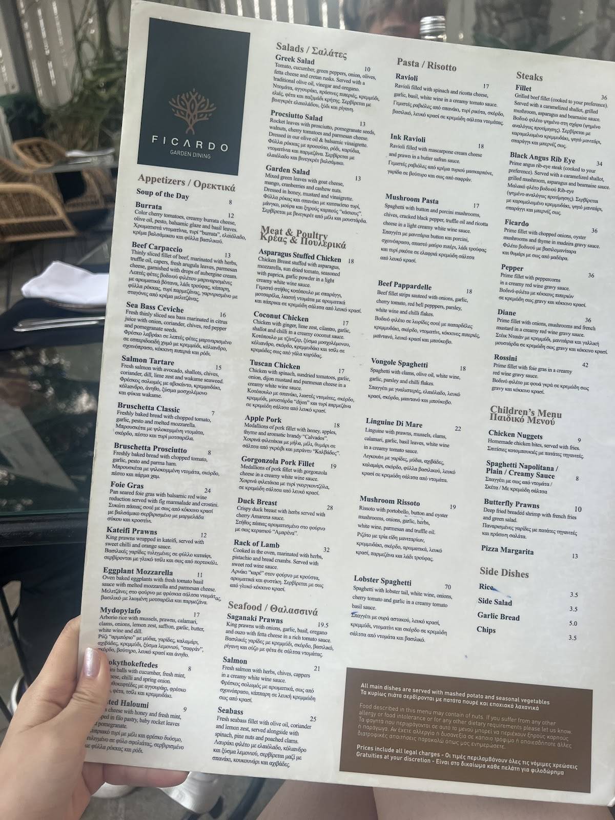 Menu at Ficardo Restaurant, Paphos, 50 A