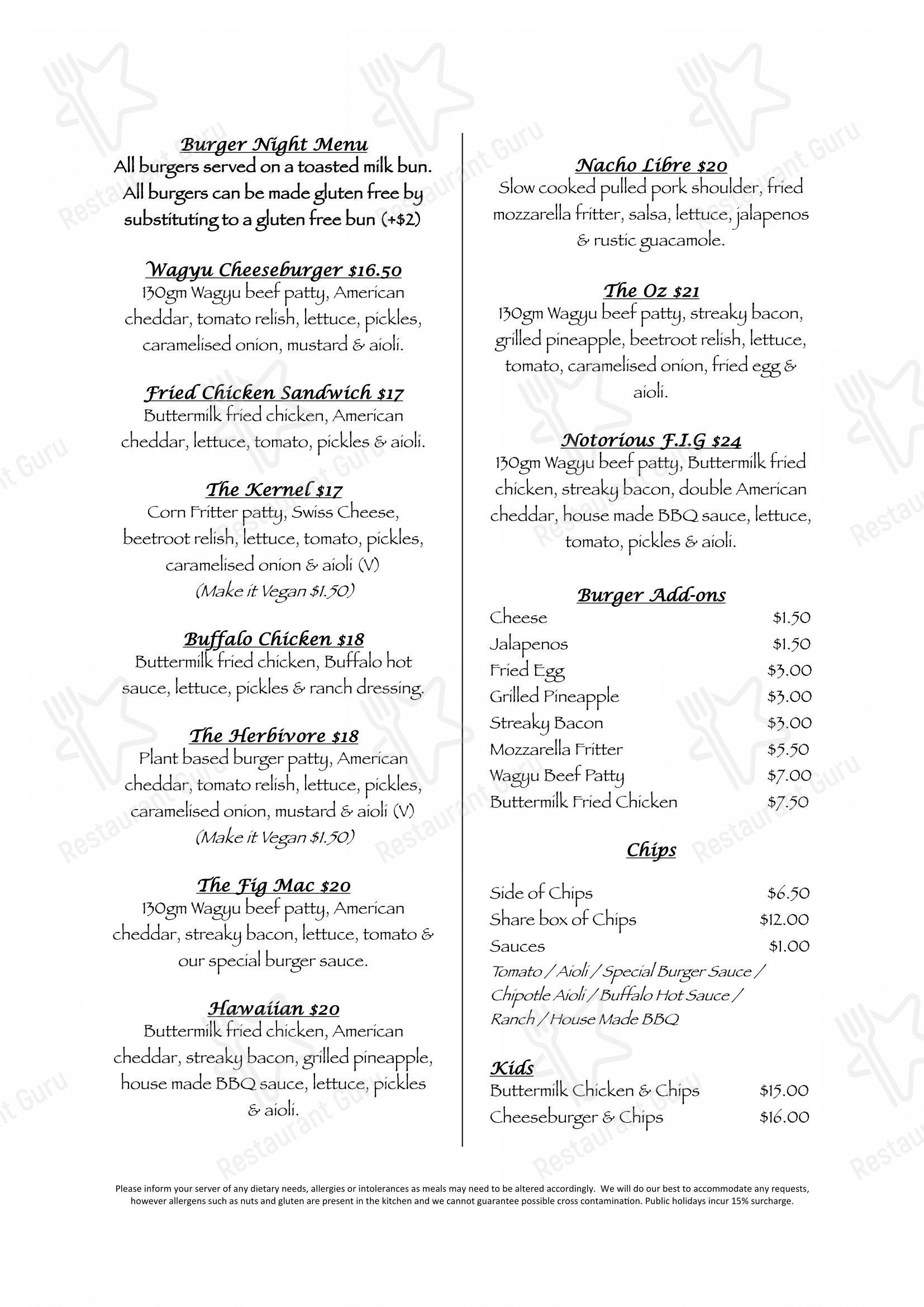 Menu at Fig and The Bay cafe, Corinella