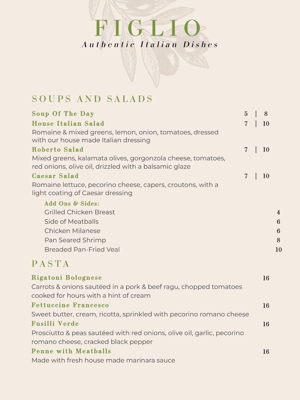 Menu at Figlio restaurant, Palmer