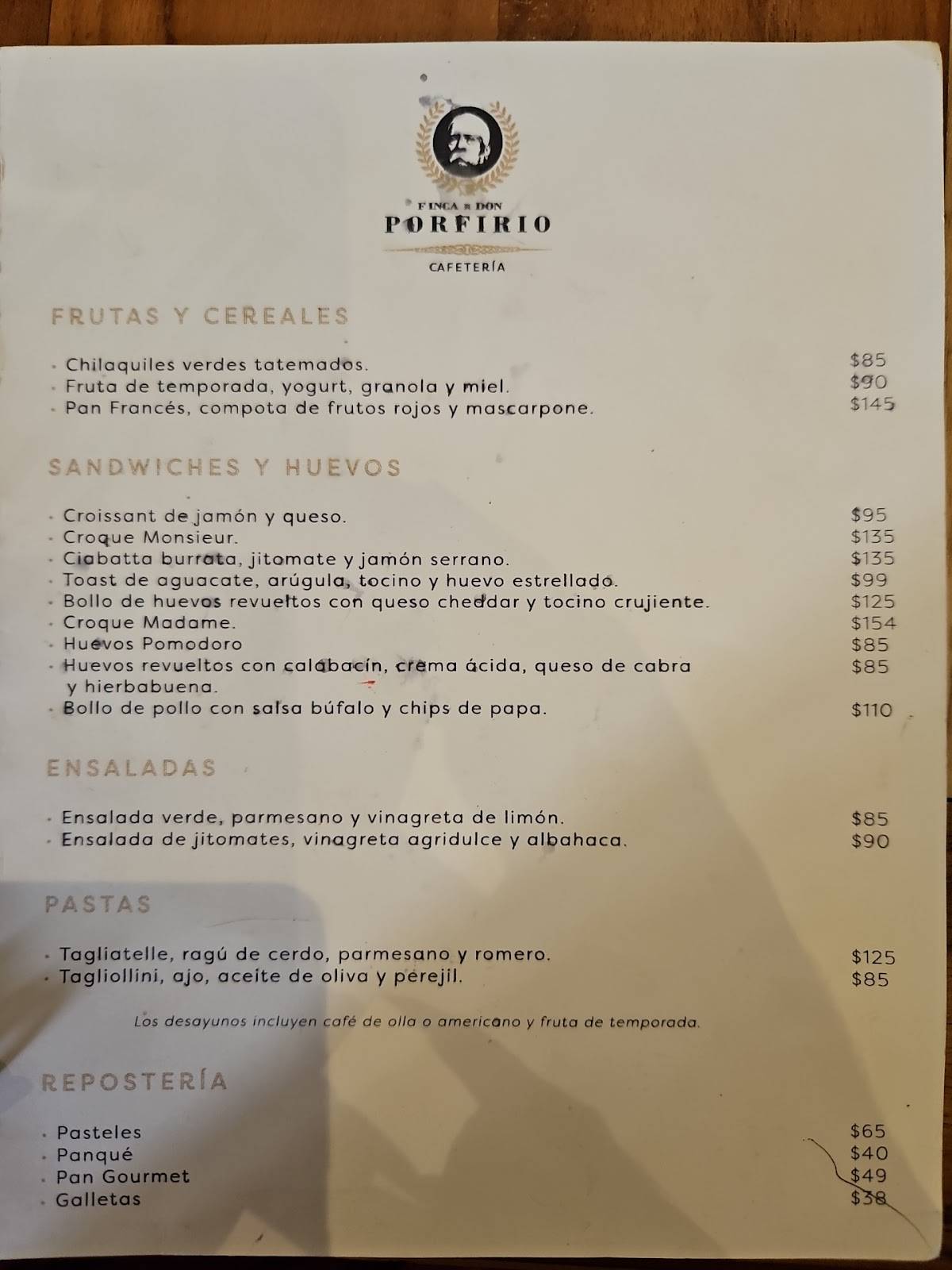 Carta de Finca Don Porfirio Cafetería san Rafael II, Mexico