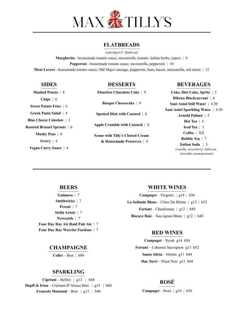 Menu at Max & Tilly's restaurant, Fishers