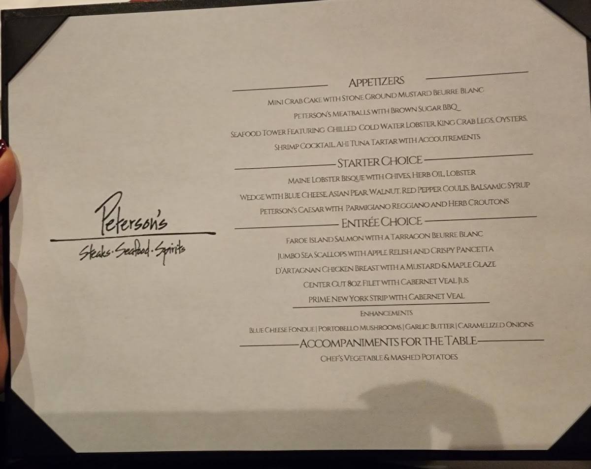 Menu at Peterson's pub & bar, Fishers