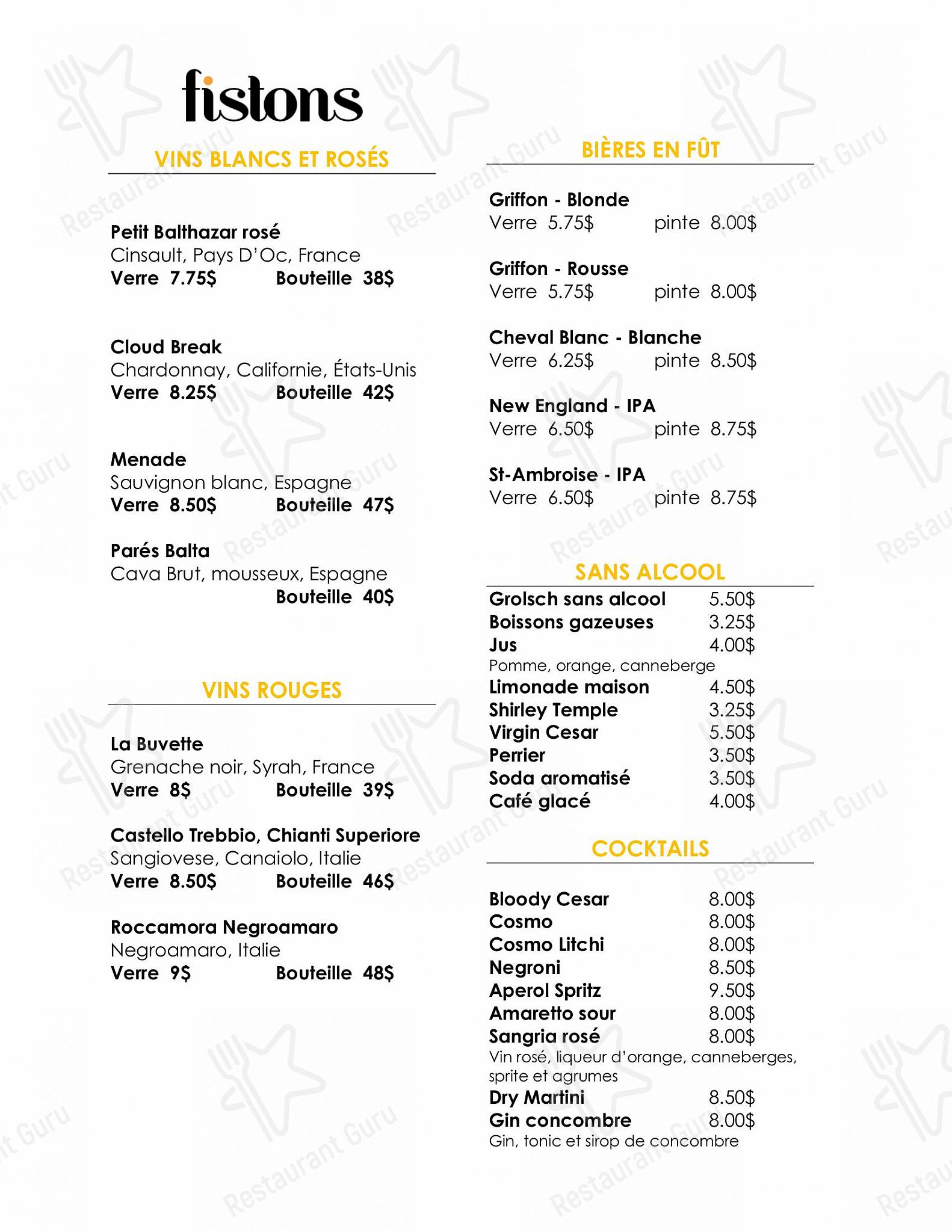 Menu at Fistons Bistro restaurant, Québec City
