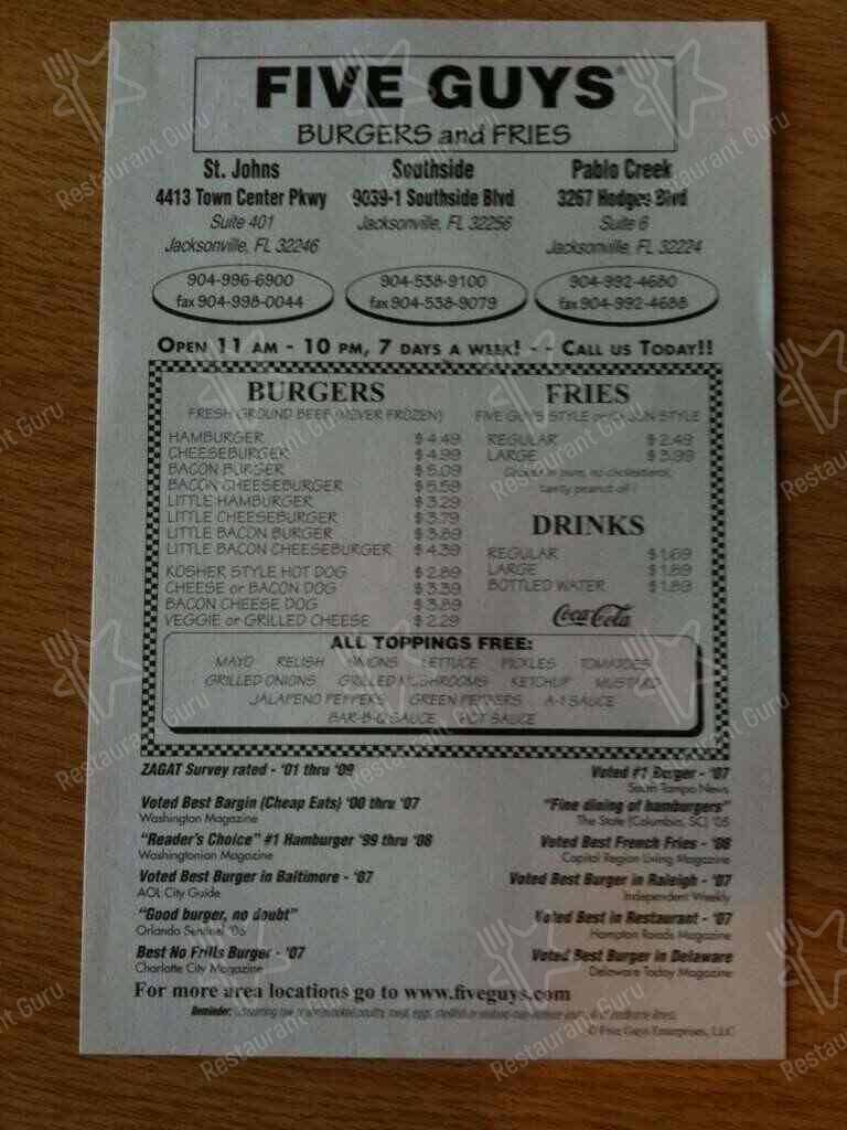 Menu at Five Guys fast food, Jacksonville, Town Center Pkwy Unit 401