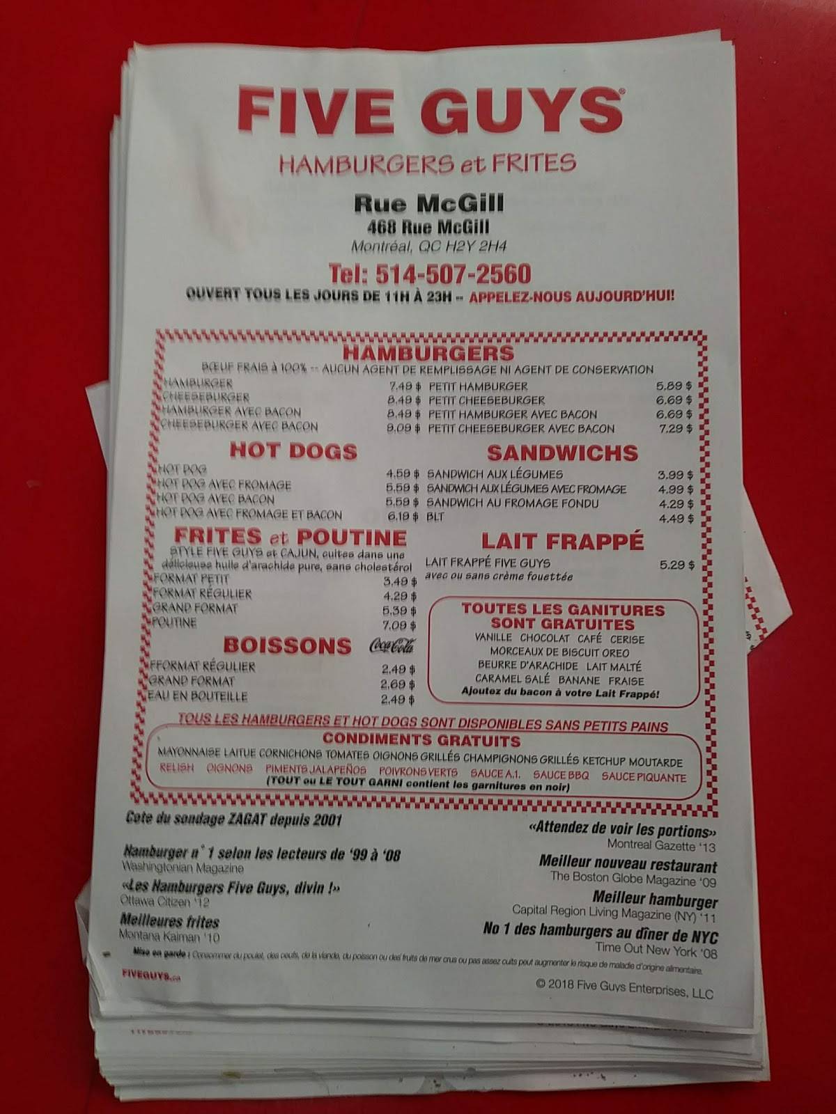 Menu at Five Guys fast food, Montréal, 468 McGill St