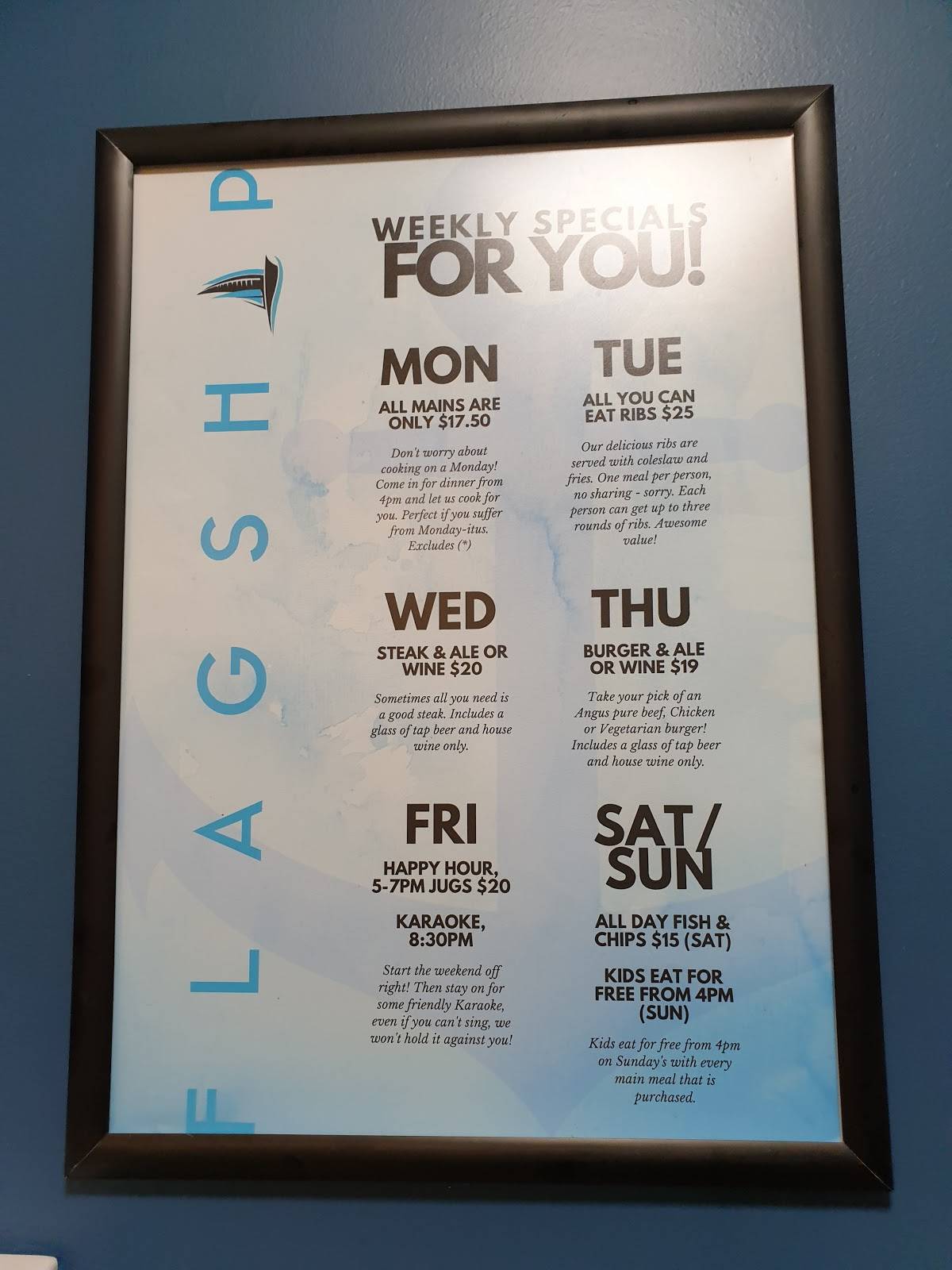 Carta de Flagship Cafe Restaurant and Bar, Auckland