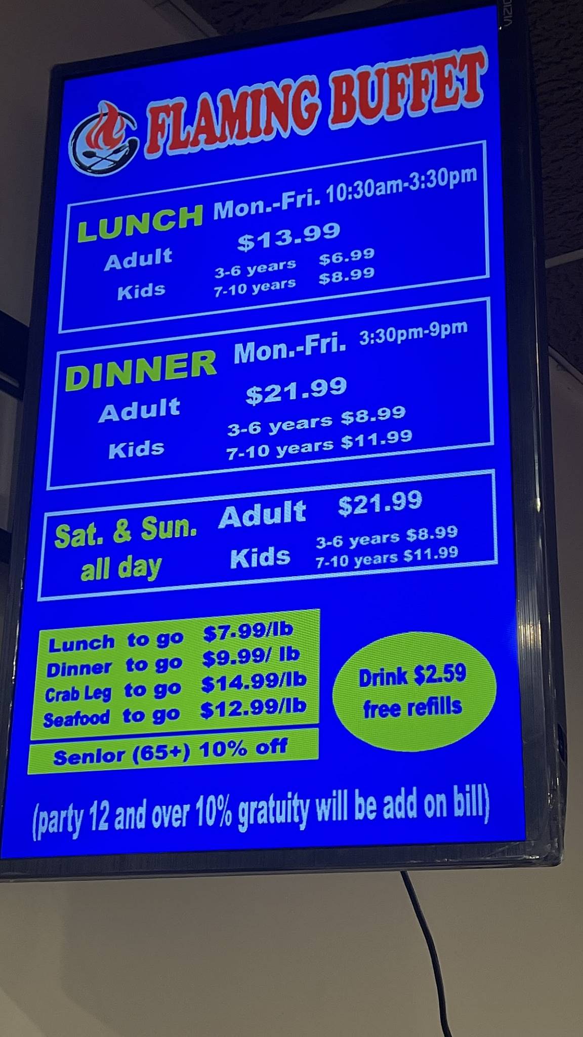 Menu at Flaming buffet Montclair restaurant, Montclair