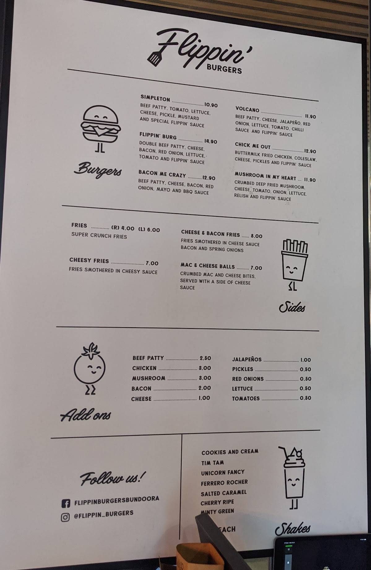 Menu at Flippin' Burgers restaurant, Bundoora