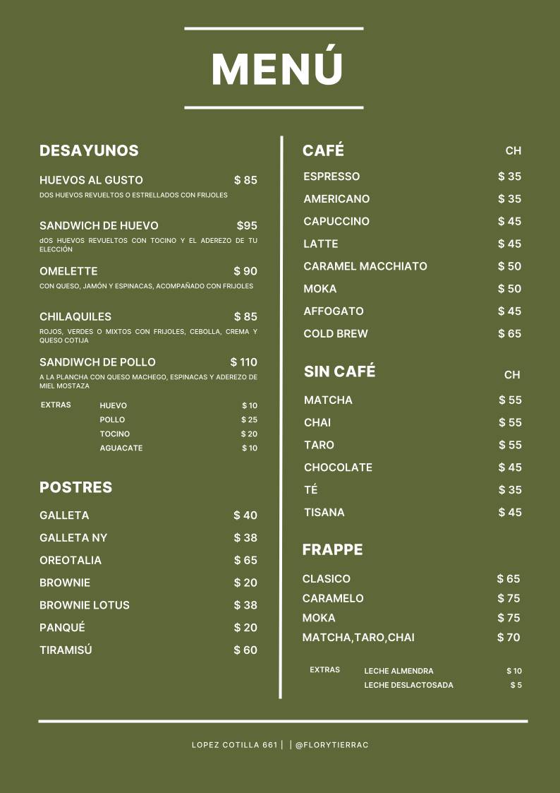Menu at Flor y tierra café, Guadalajara