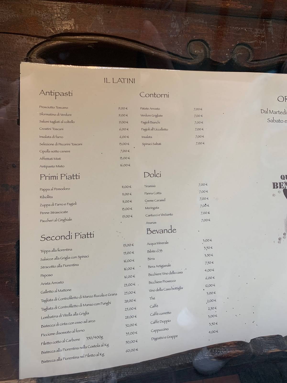 Menu at Il Latini restaurant, Florence, Via dei Palchetti