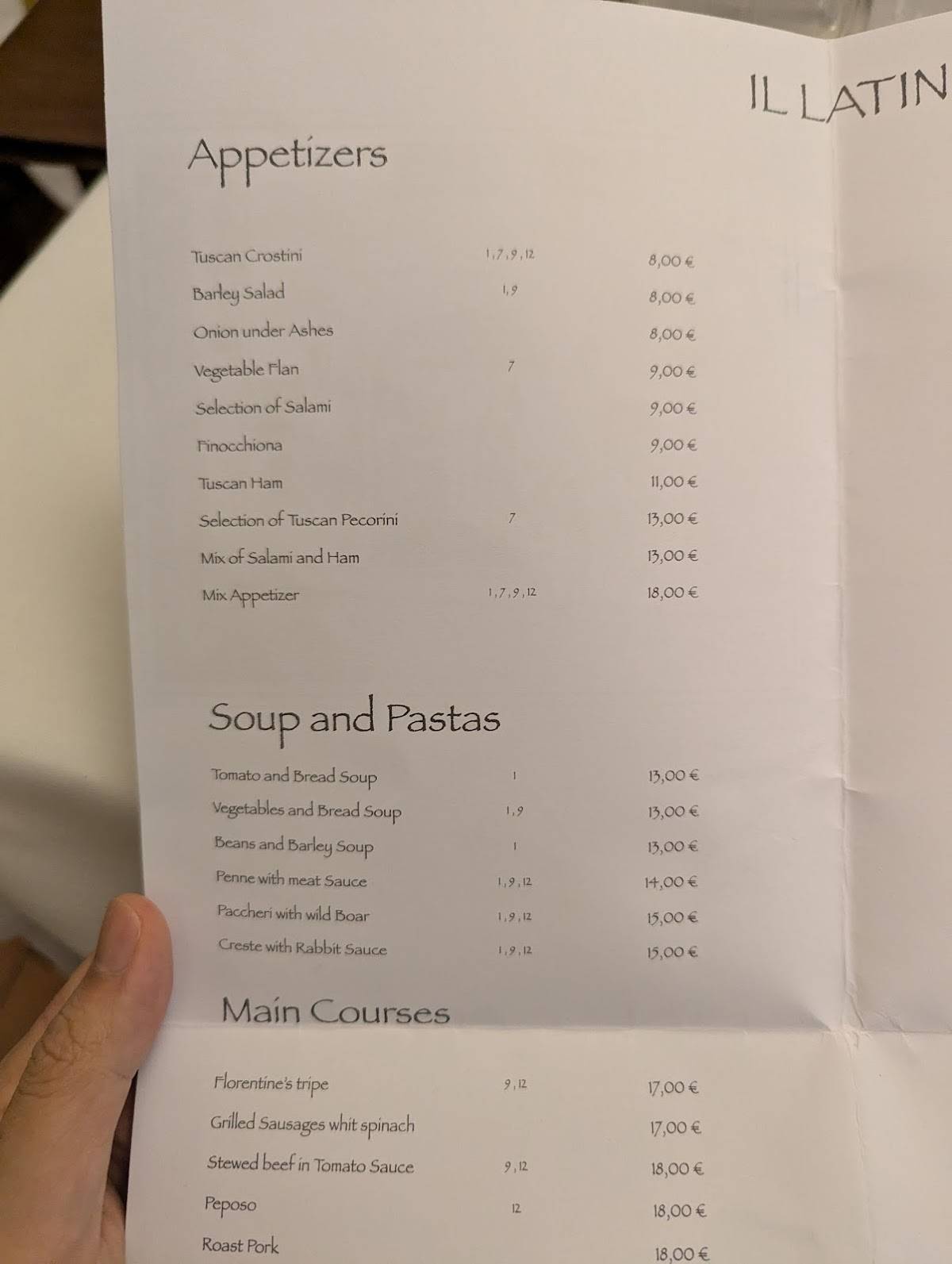 Menu da Il Latini ristorante, Firenze, Via dei Palchetti