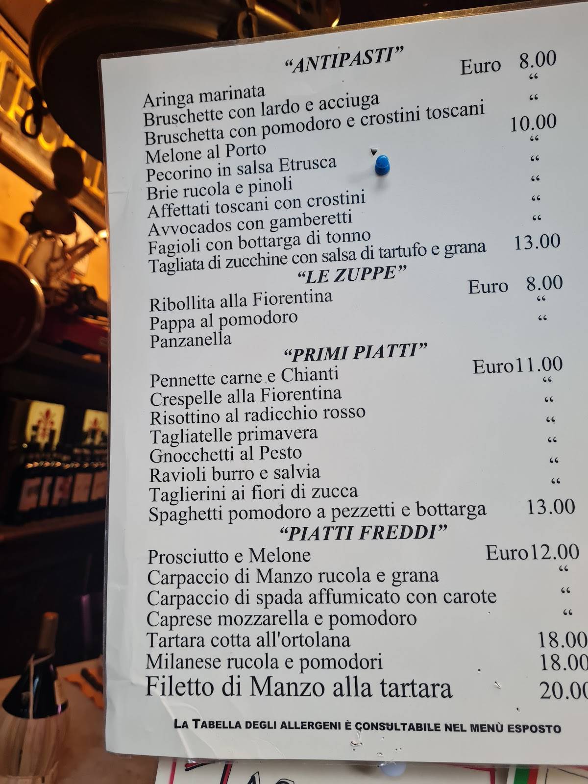 Menu at Perseus steakhouse, Florence