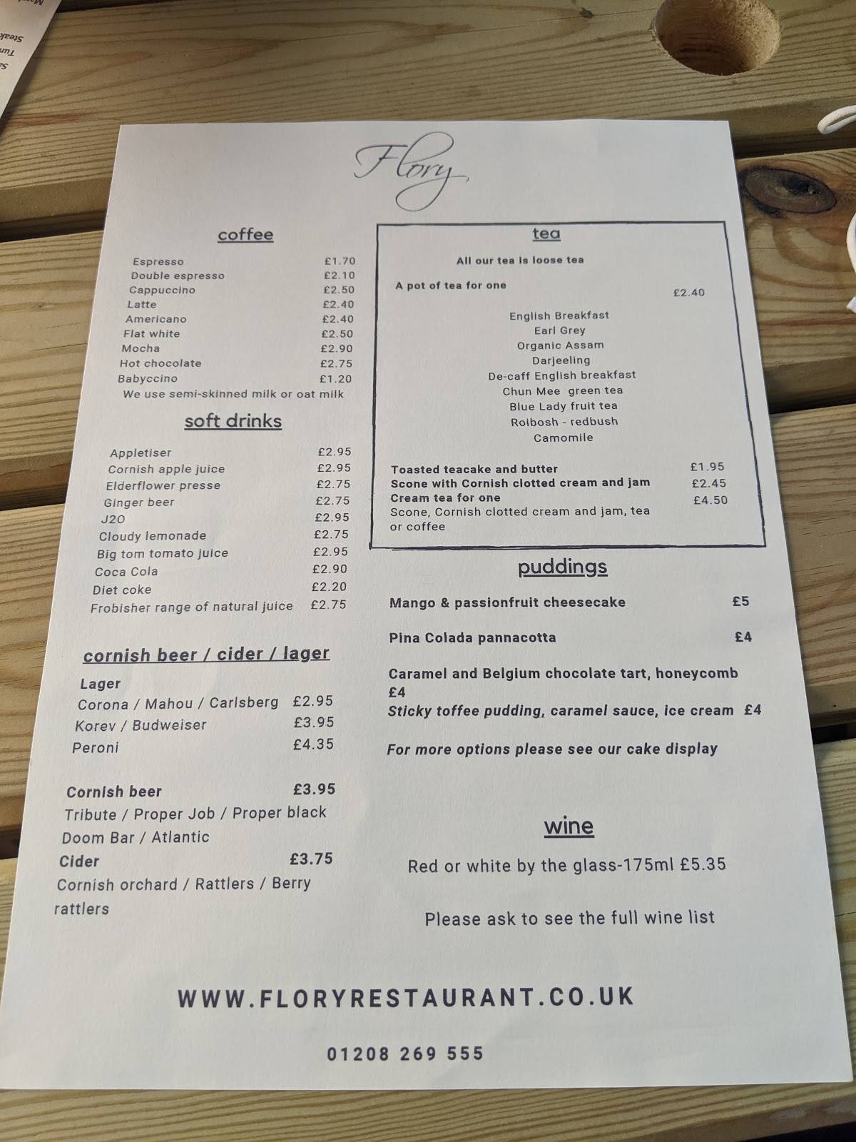 Menu at Flory Restaurant and Café, Bodmin, Bodmin