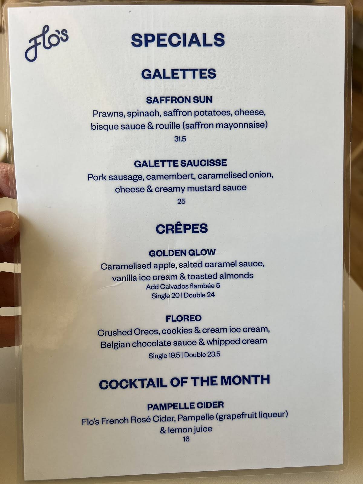 Menu at Flo's Crêperie Mooloolaba restaurant, Mooloolaba
