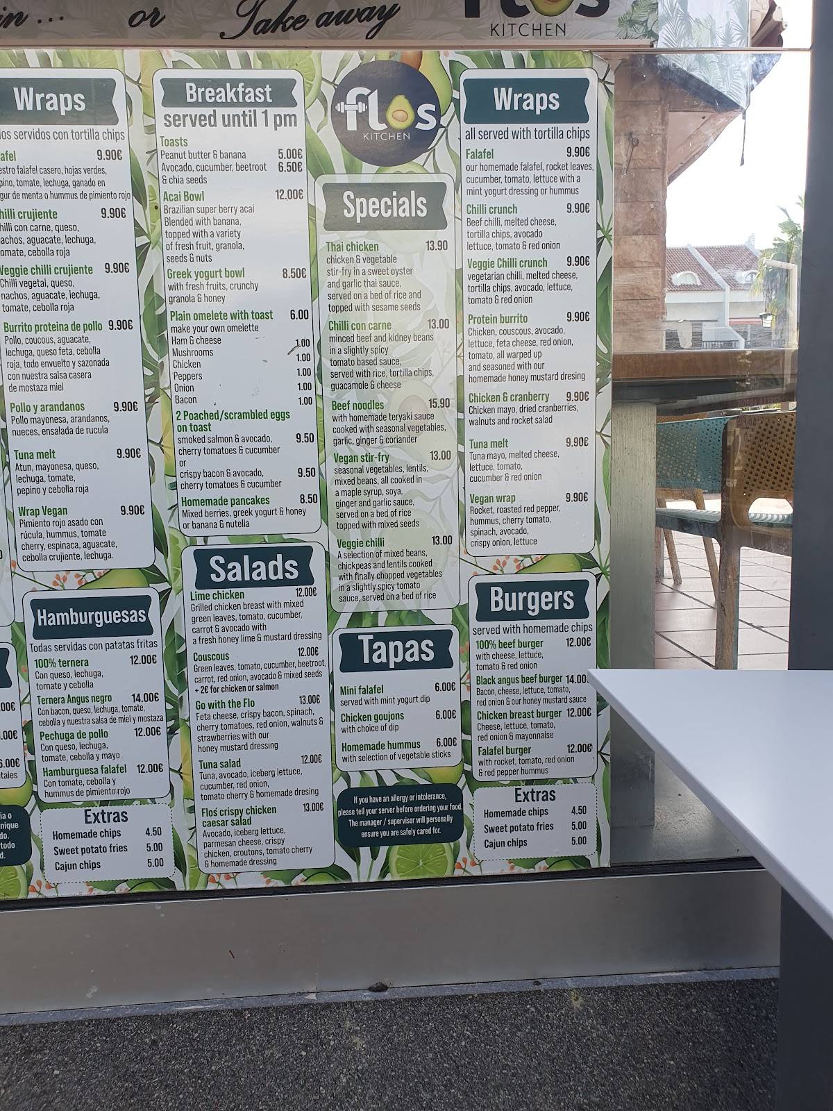 Menu at Flo’s Tenerife restaurant, Playa de las Américas