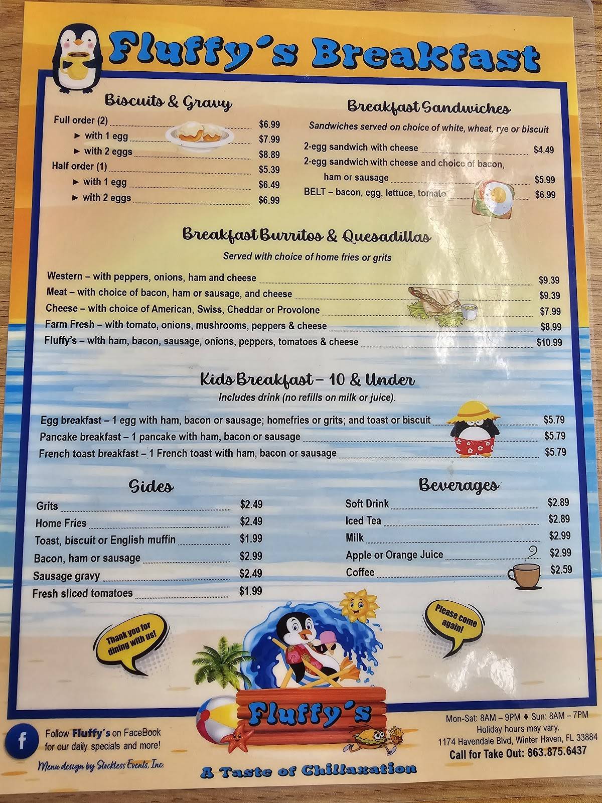 Menu at Fluffy's desserts, Winter Haven
