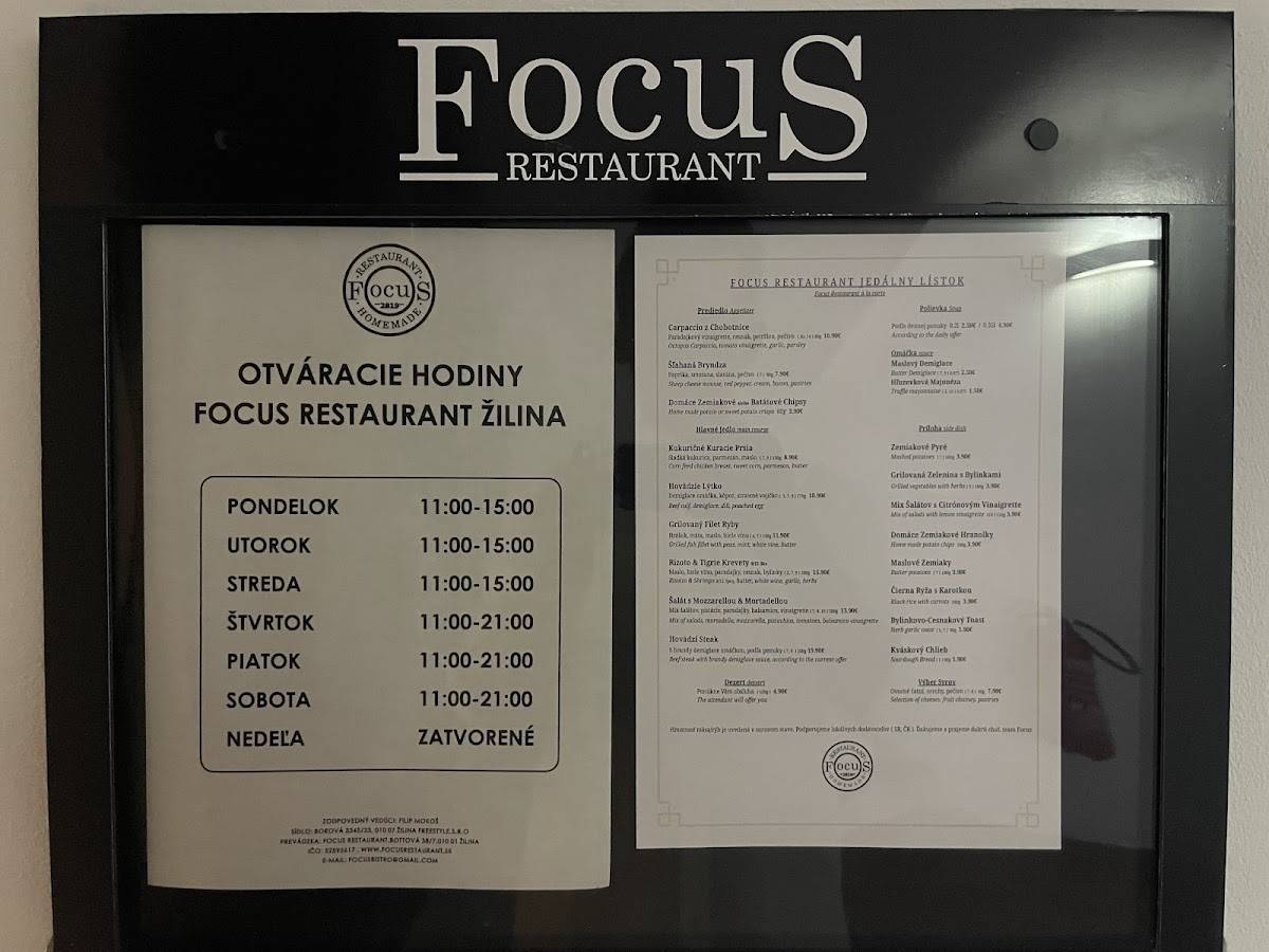 Menu at Focus Restaurant, Žilina