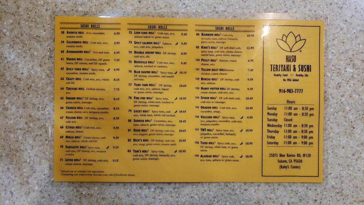 Menu at Hasu Teriyaki and Sushi restaurant, Folsom