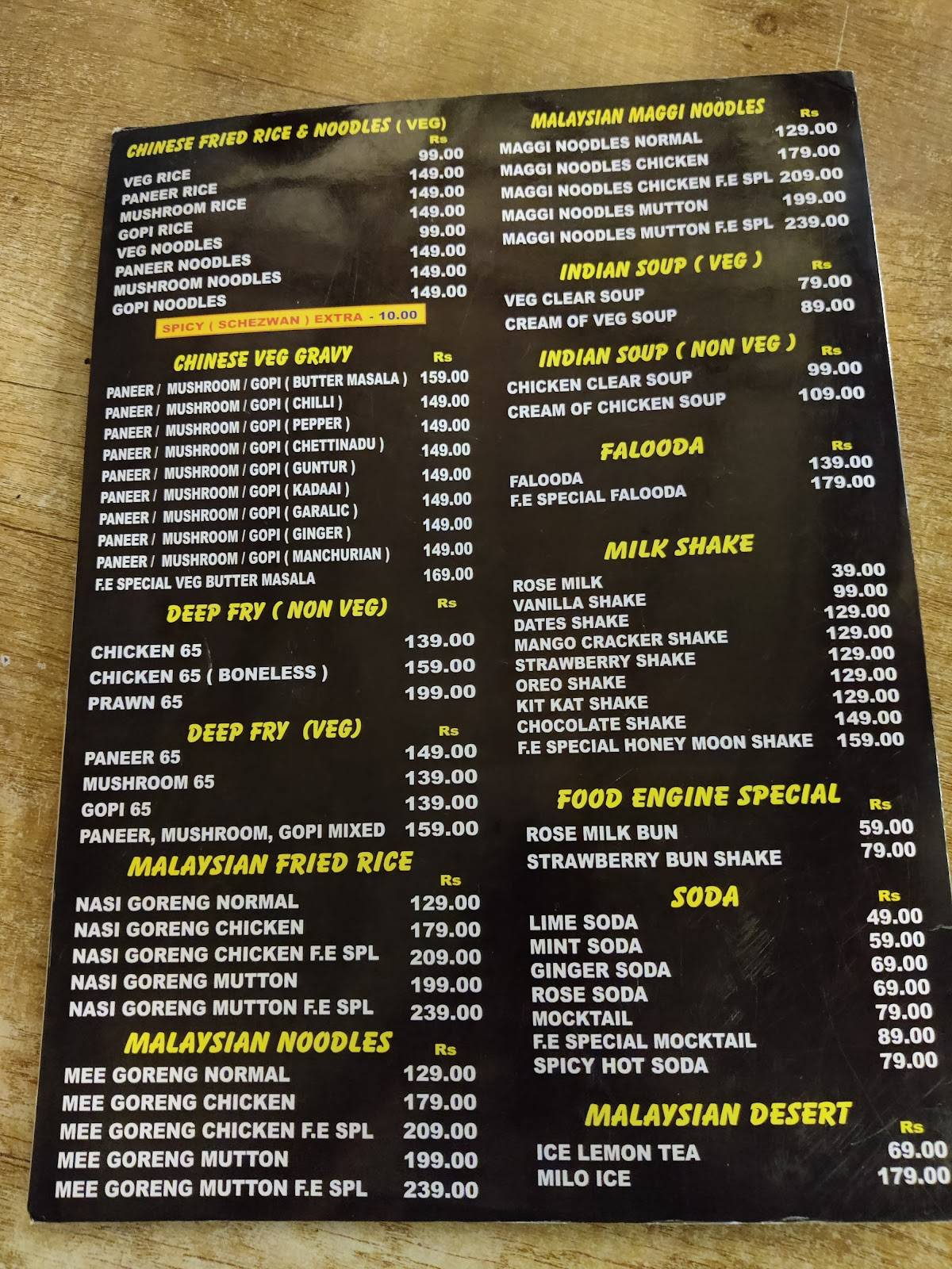 Menu at Food Engine, Tirunelveli