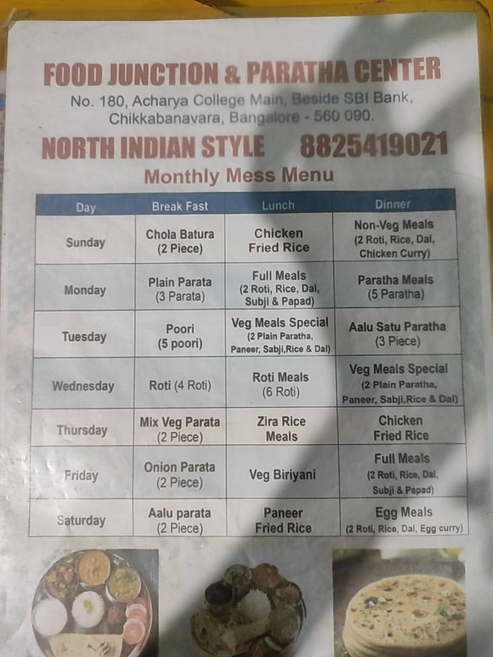 Menu at Food Junction And Paratha Center, Bengaluru, 3FGX+FHC