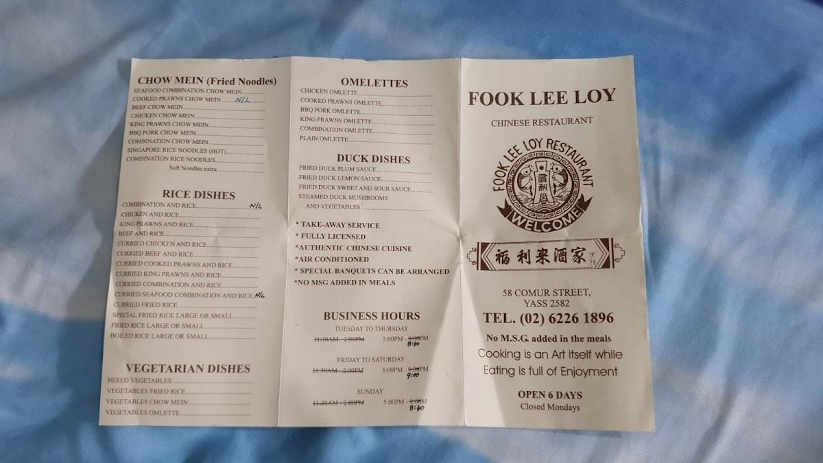 Menu at Fook Lee Loy Chinese Restaurant, Yass