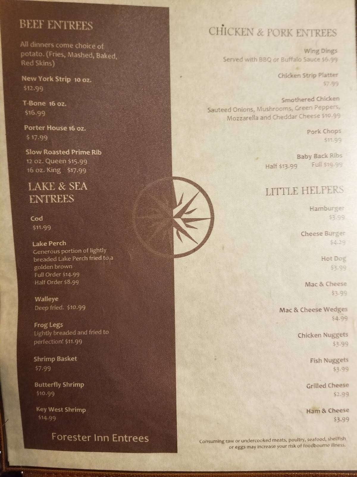 Menu at Forester Inn pizzeria, Forester