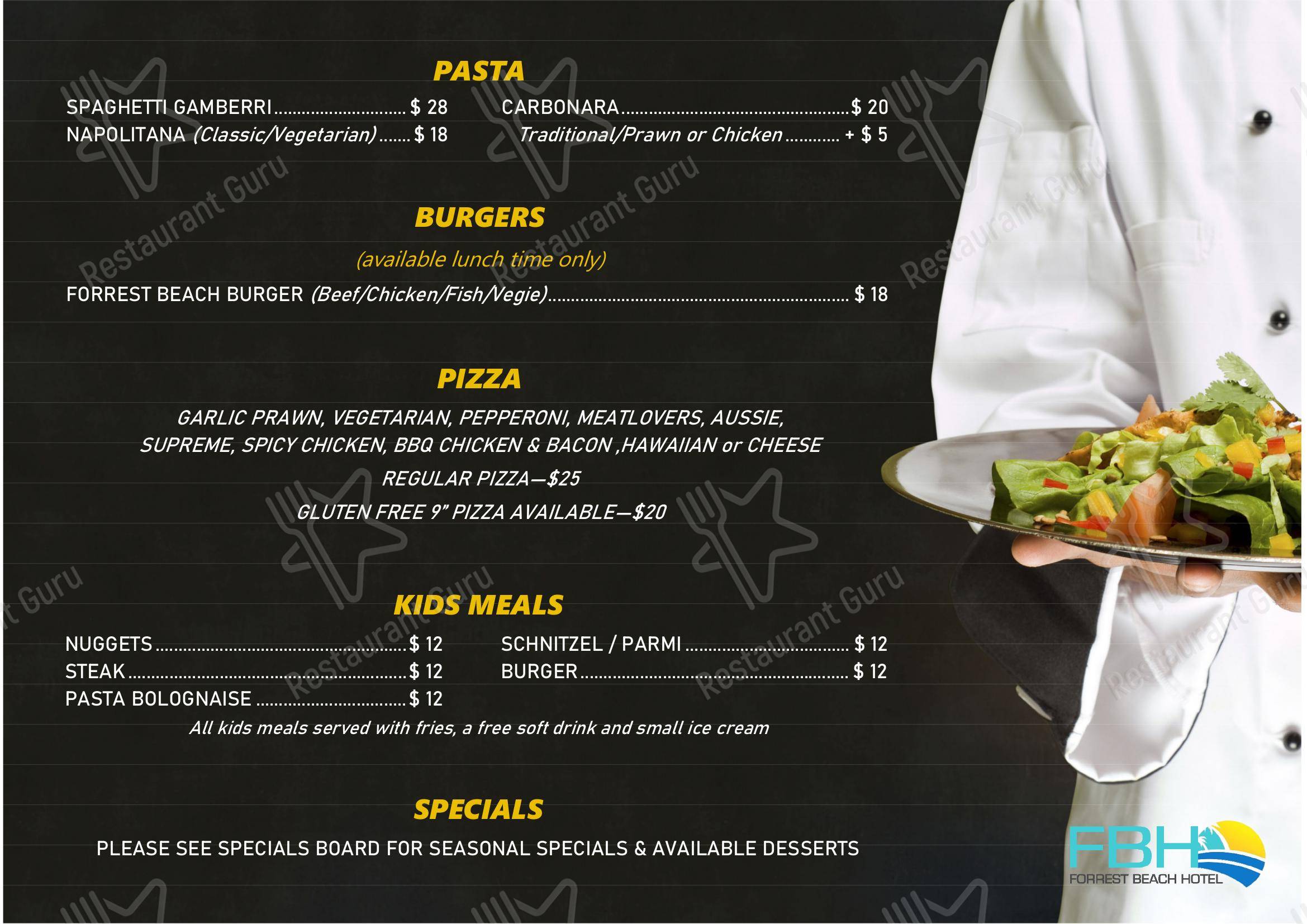 Menu at Forrest Beach Hotel restaurant, Forrest Beach