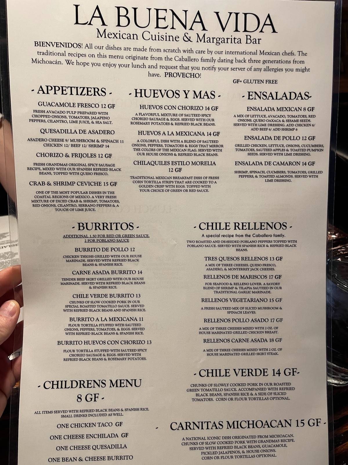 Menu at La Buena Vida Mexican Restaurant, Fort Collins