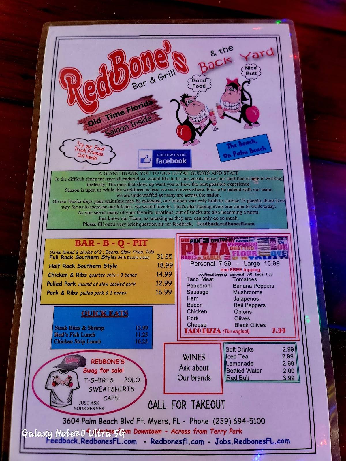 Menu at Redbone's 1 Bar & Grill / liquor store, Fort Myers, Palm Beach Blvd