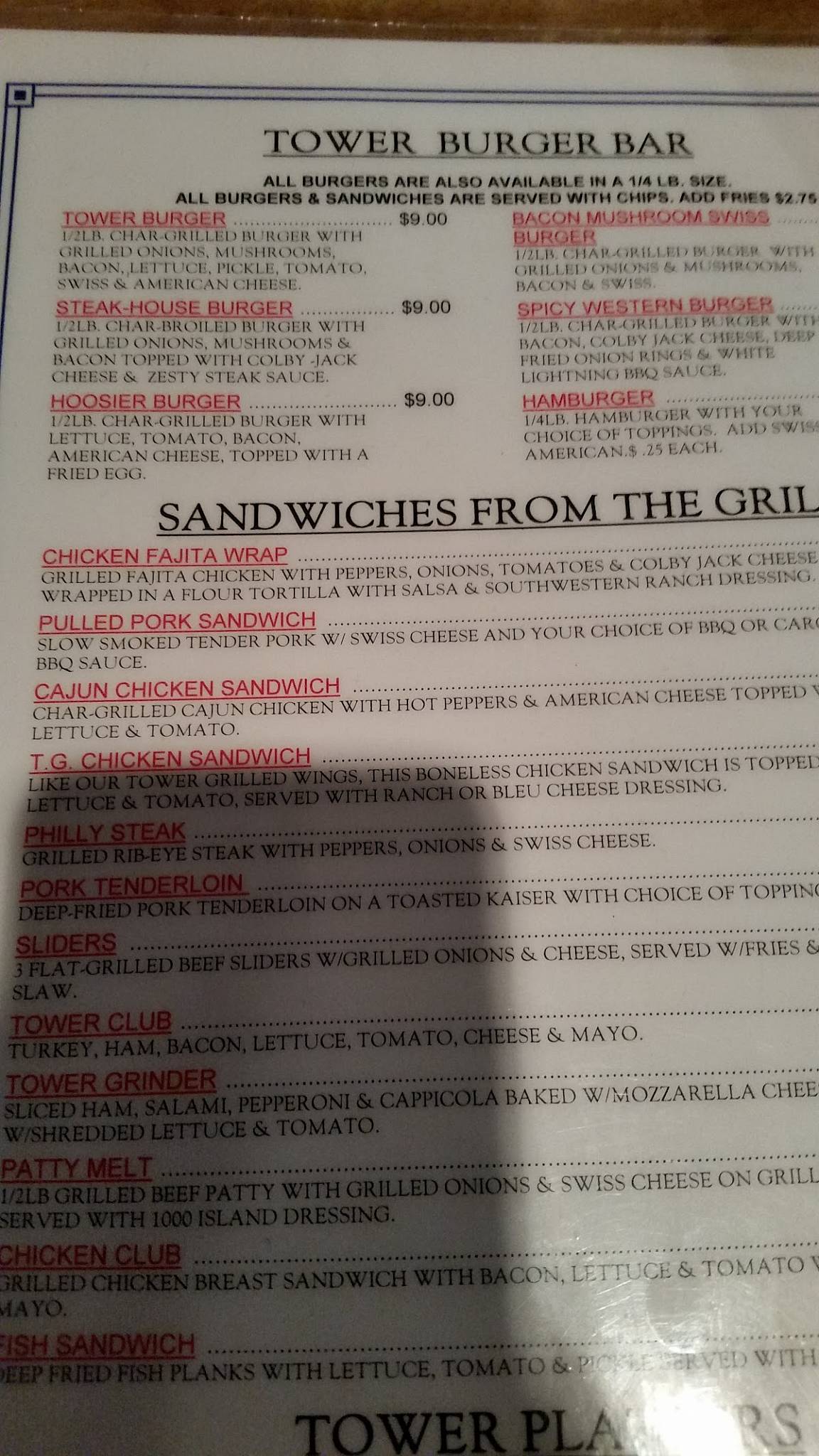 Menu at The Tower Bar & Grill, Fort Wayne