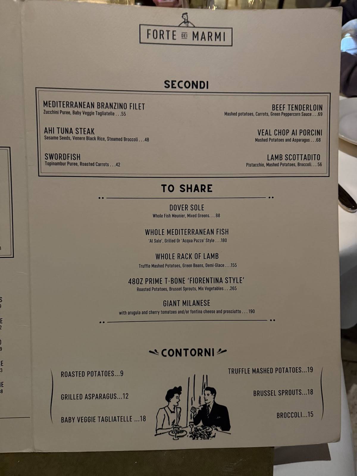 Carta del restaurante Forte dei Marmi, Miami Beach