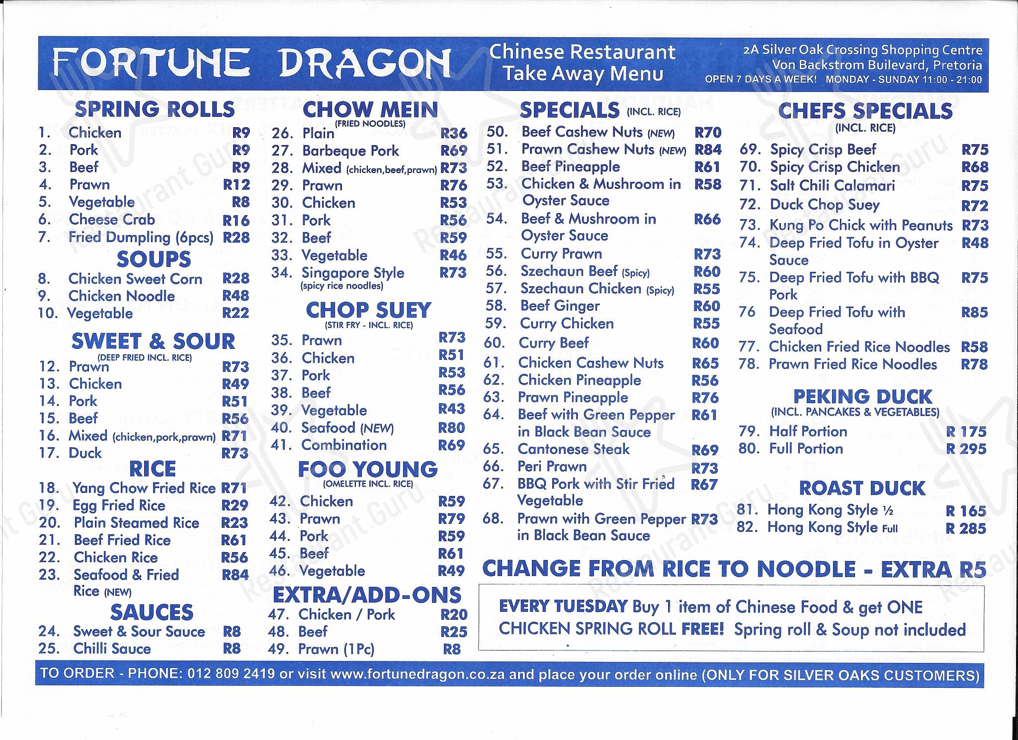 Menu at Fortune Dragon restaurant, Pretoria, Silver Oaks Crossing