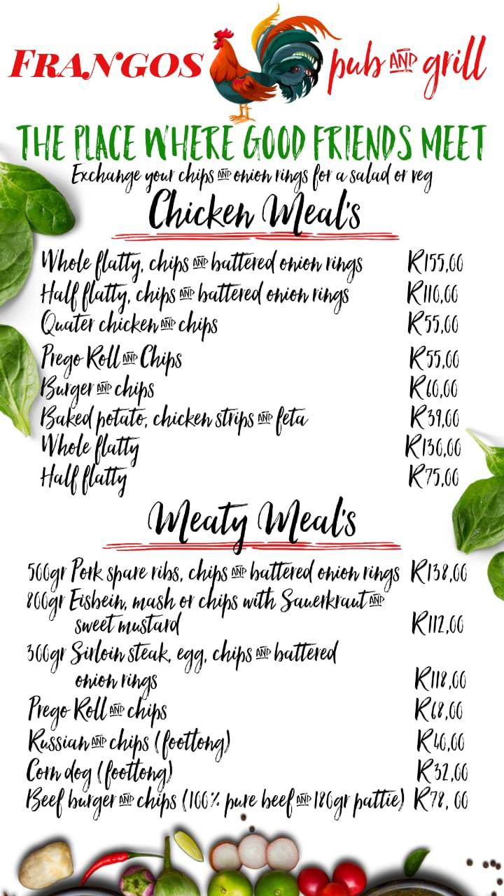 Menu at Frango's restaurant, Groot Brakrivier
