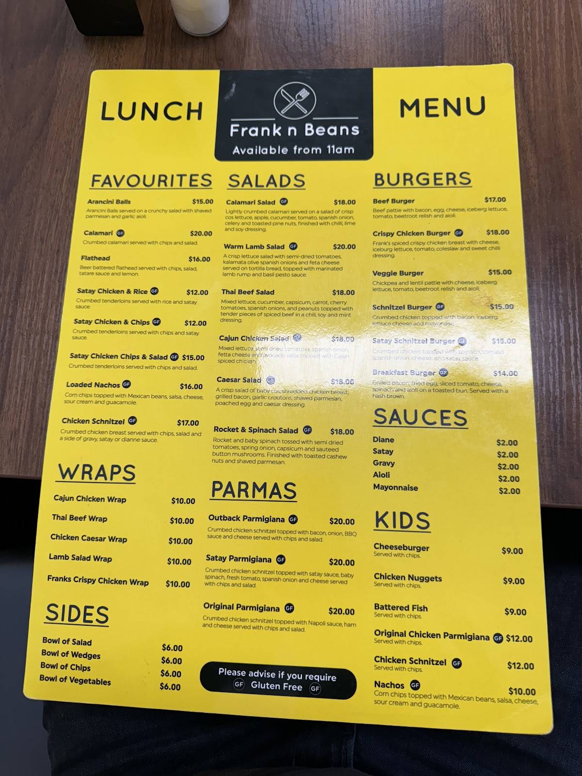 Menu at Frank n Beans restaurant, Deniliquin