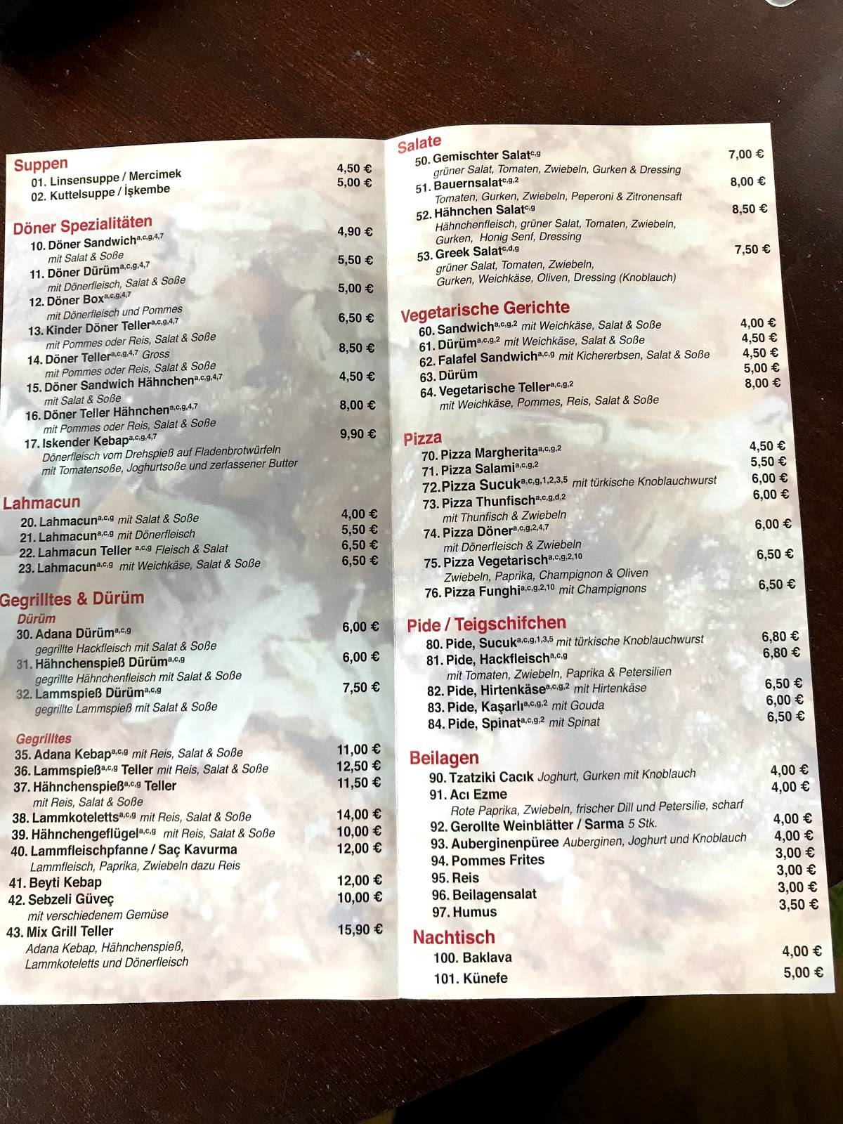 Carta del restaurante Kebab Hut, Fráncfort