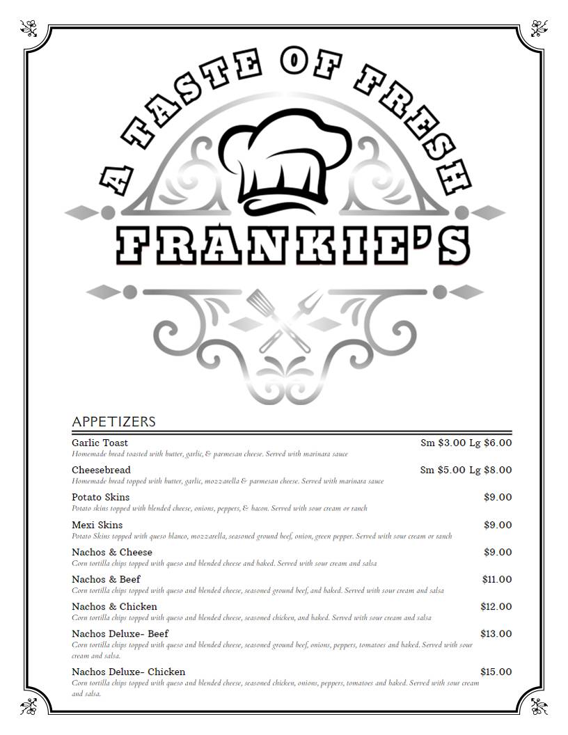 Menu at Frankie's pub & bar, Three Rivers