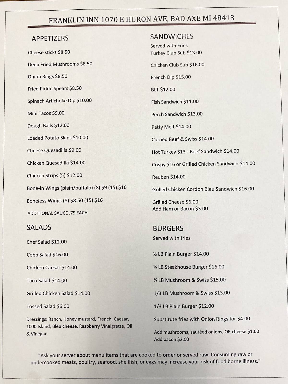 Menu at Franklin Restaurant & Banquet Center, Bad Axe, E Huron Ave