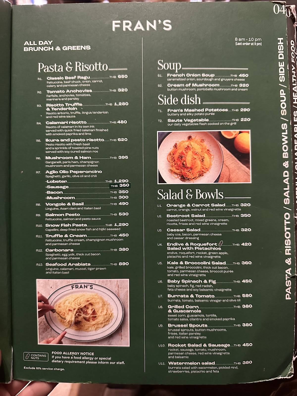Menu at Fran's restaurant, Bangkok