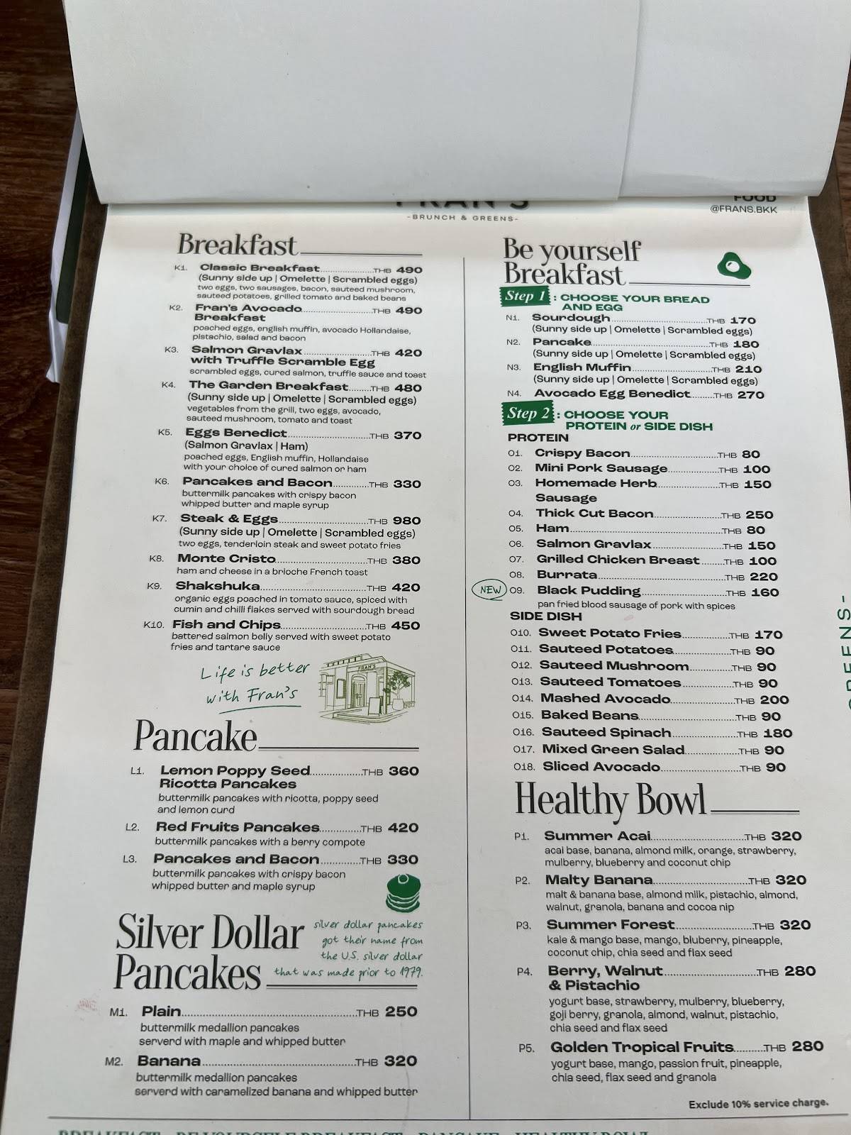 Menu at Fran's restaurant, Bangkok