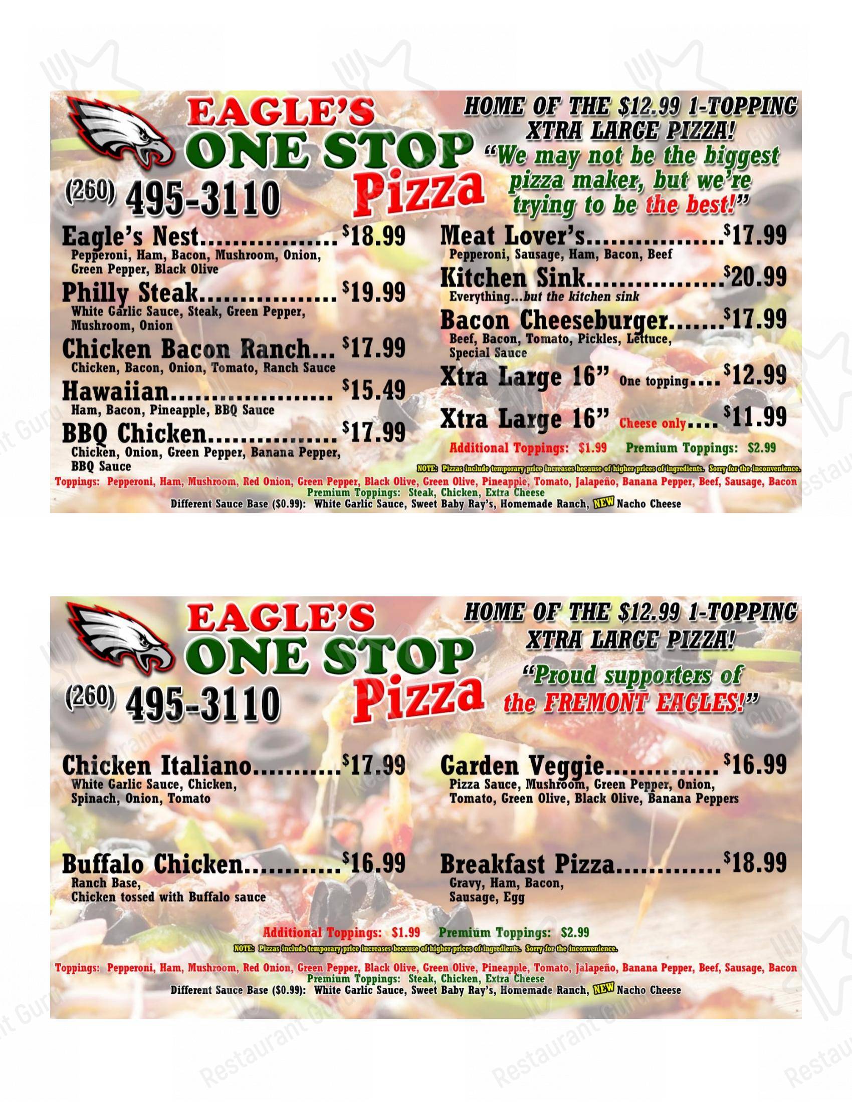 Menu at EAGLE'S ONE STOP PIZZA pizzeria, Fremont