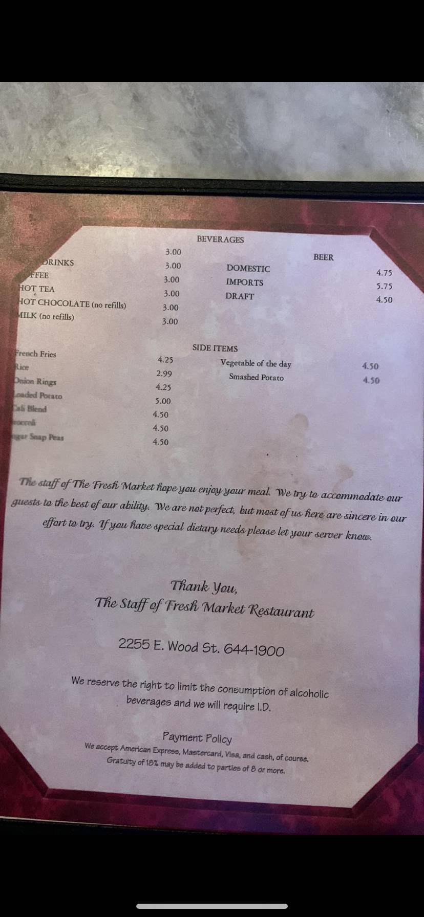 Menu at Fresh Market Restaurant, Paris