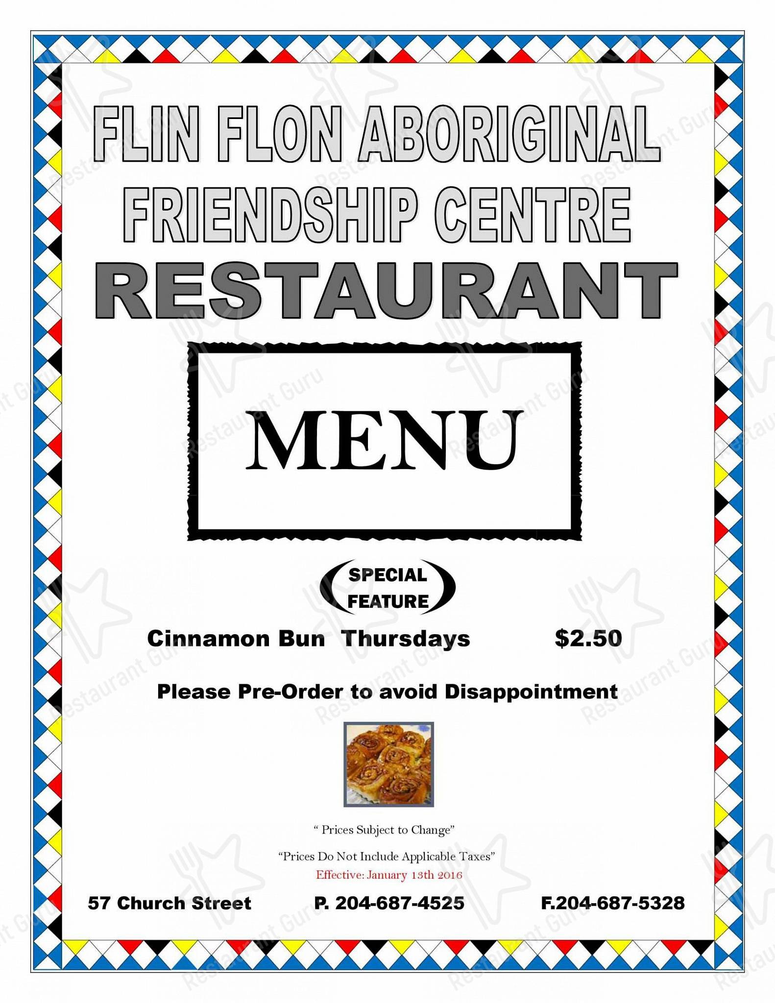 Menu au Friendship Centre Restaurant, Flin Flon