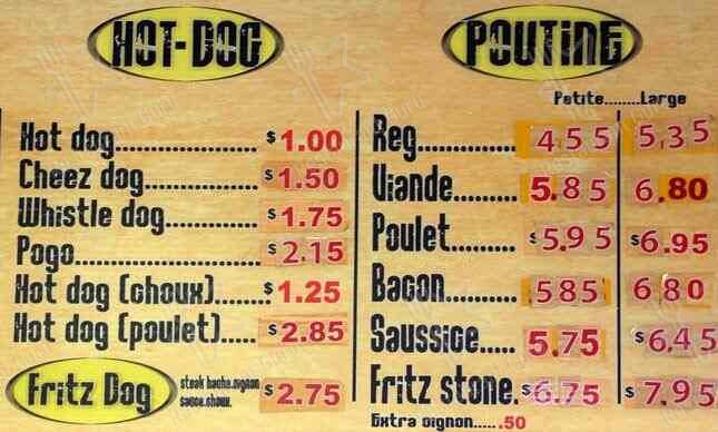 Menu at Chez Fritz restaurant, Gatineau