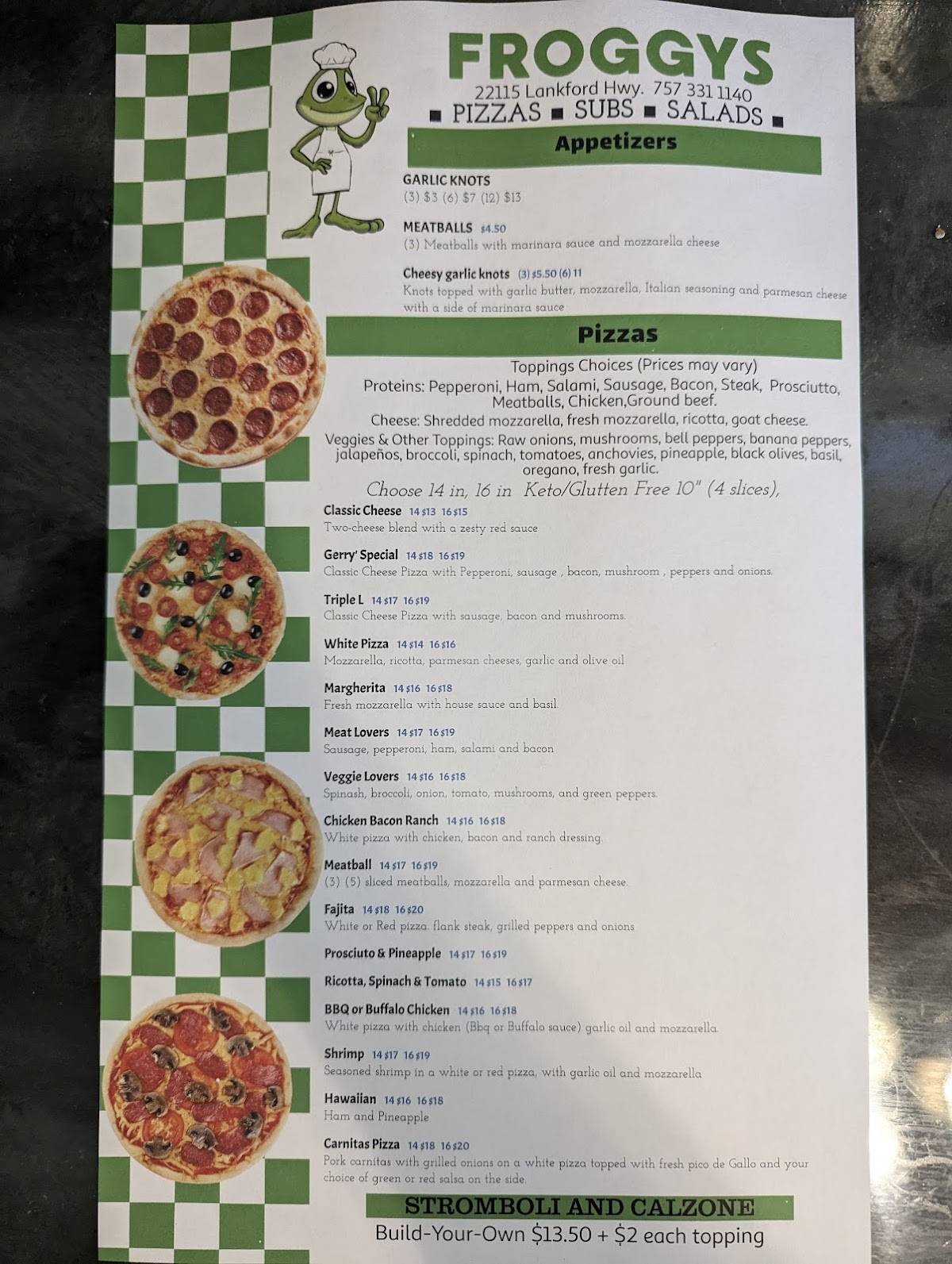 Menu at Froggy’s pizzeria, Cape Charles