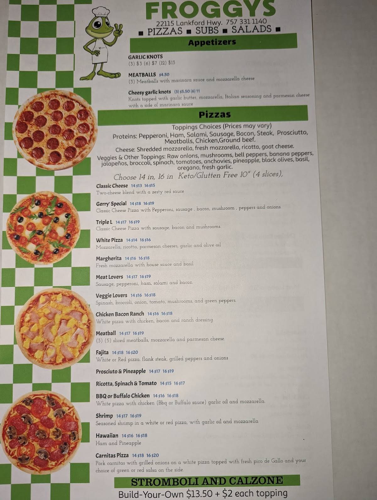 Menu at Froggy’s pizzeria, Cape Charles