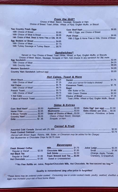 Menu at Frost Cafe, Culpeper