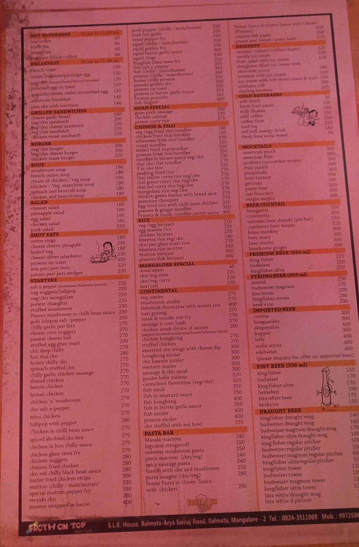 Menu at Froth On Top, Mangaluru, SLK House