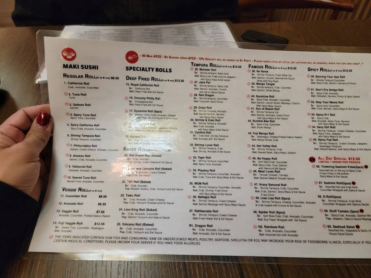 Carta del restaurante Fuji Feast, Las Vegas