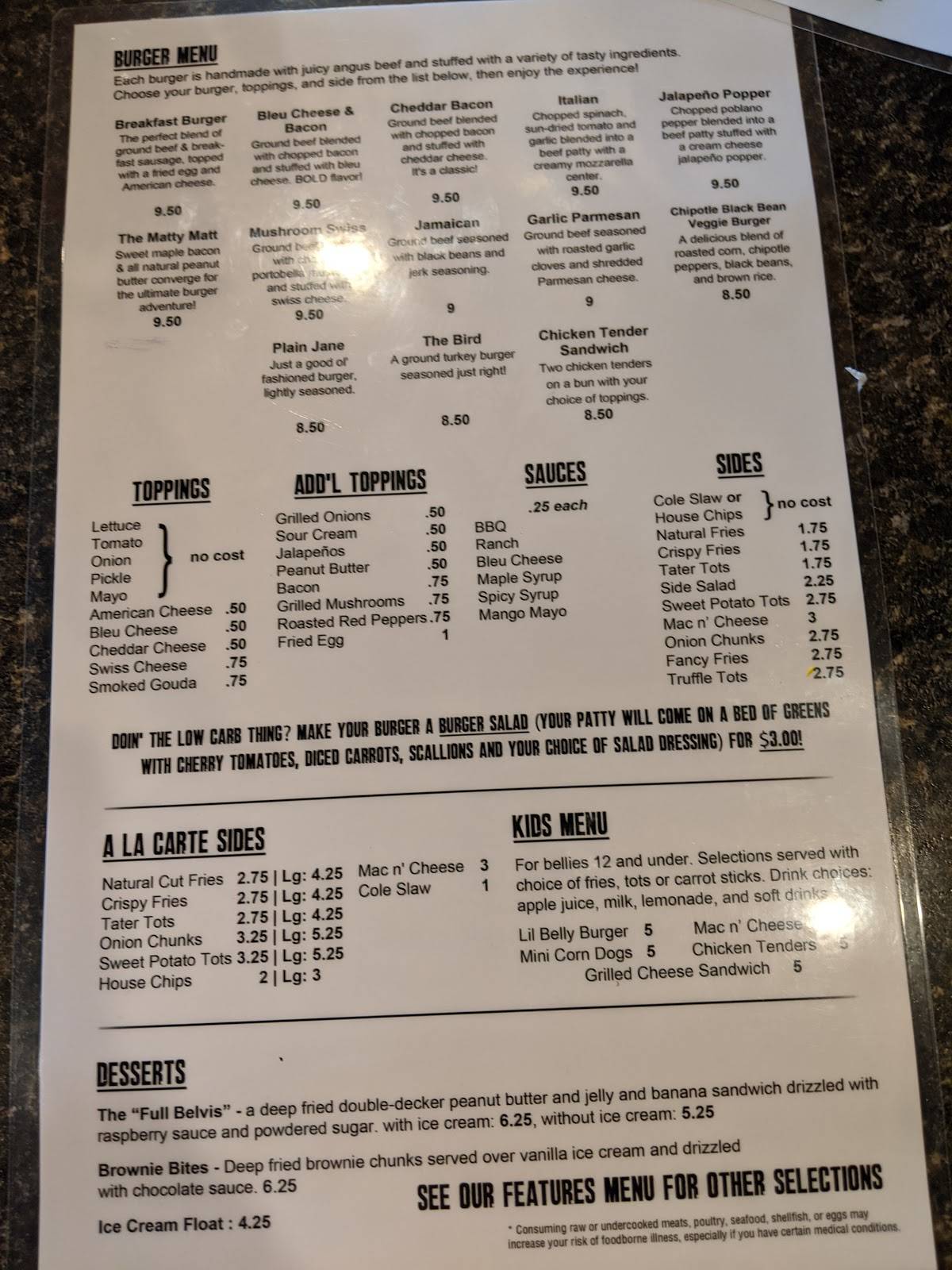 Menu at Full Belly Stuffed Burgers restaurant, Bradenton, State Road 70 E